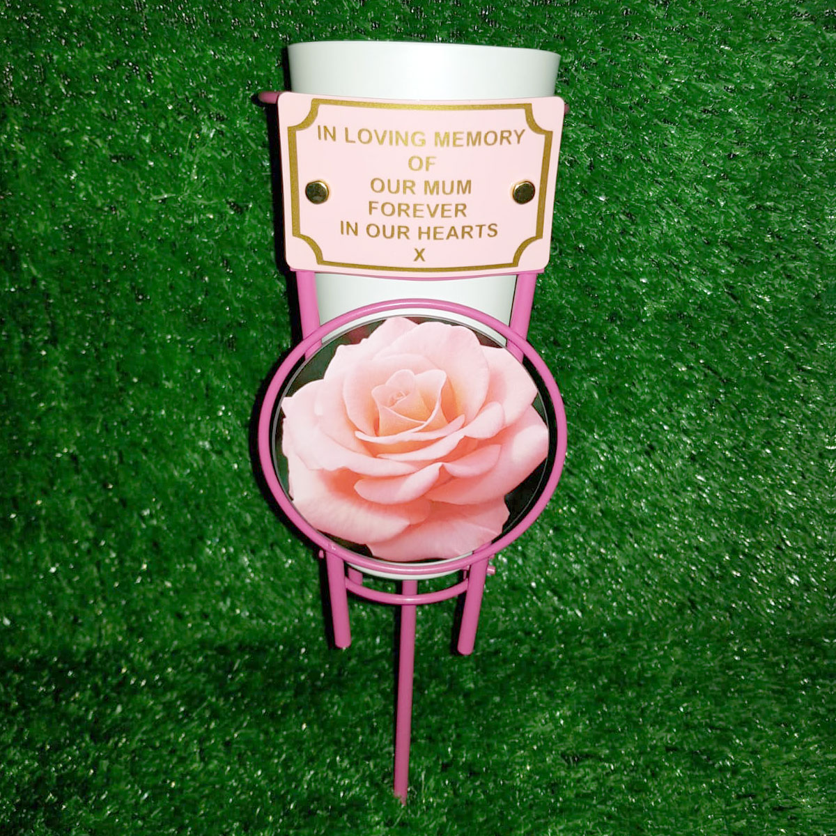 In Loving Memory White Rose Photo Pink Metal Grave Spike & Vase - MK ...