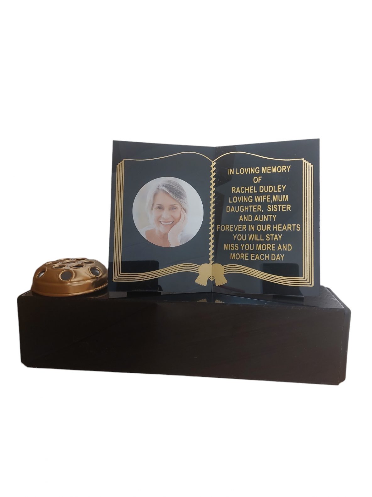 Small Grave Marker with Memorial Book Vase and Gold Photo Inscription ...
